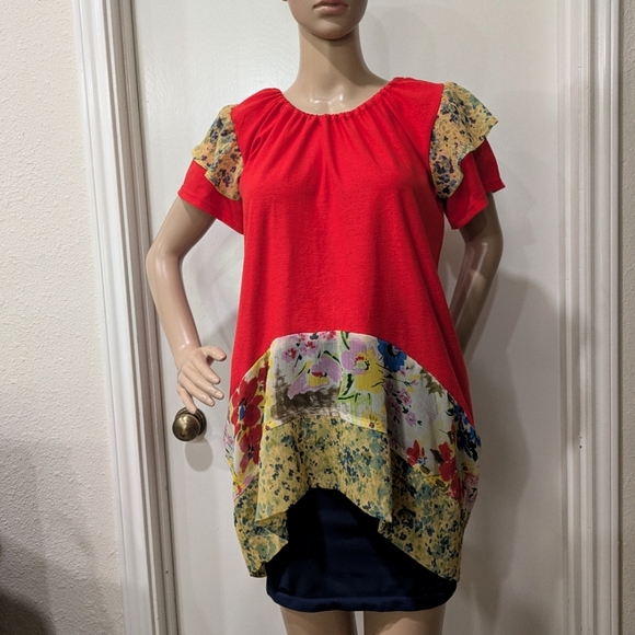 Upcycled | Tops | Upcycled Red Peasant Tee With A Floral Hilow Print ...